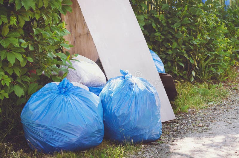 Blue Plastic Garbage Bags, Close-up Stock Photo - Image of environment ...
