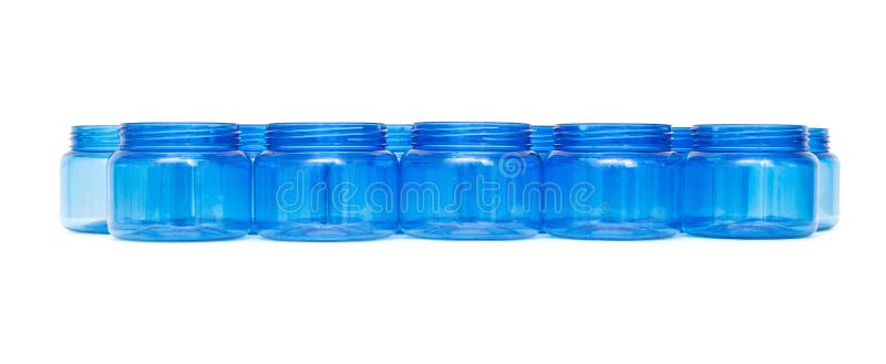 Blue Plastic Jars on a White Background Isolate, Polyethylene ...