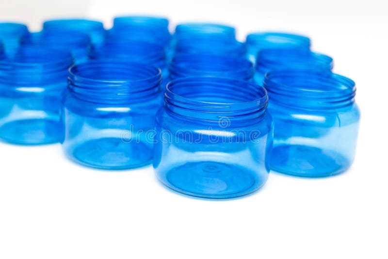 Blue Plastic Jars on a White Background Isolate, Polyethylene ...