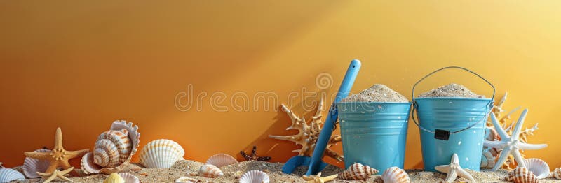 Blue Plastic Pails Filled with Sand and Shells on a Sunny Beach Stock ...