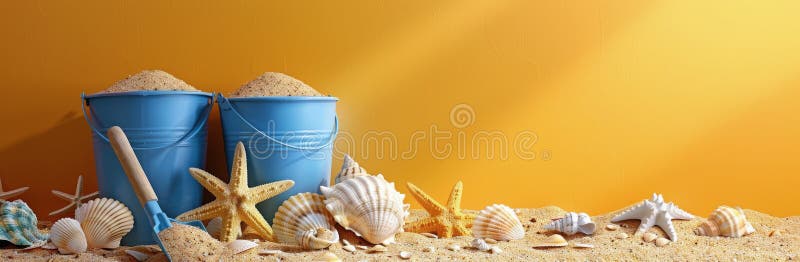 Blue Plastic Pails Filled with Sand and Shells on a Sunny Beach Stock ...