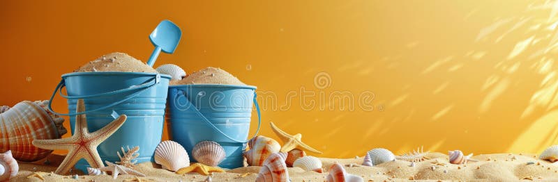 Blue Plastic Pails Filled with Sand and Shells on a Sunny Beach Stock ...