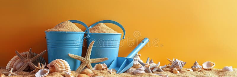 Blue Plastic Pails Filled with Sand and Shells on a Sunny Beach Stock ...
