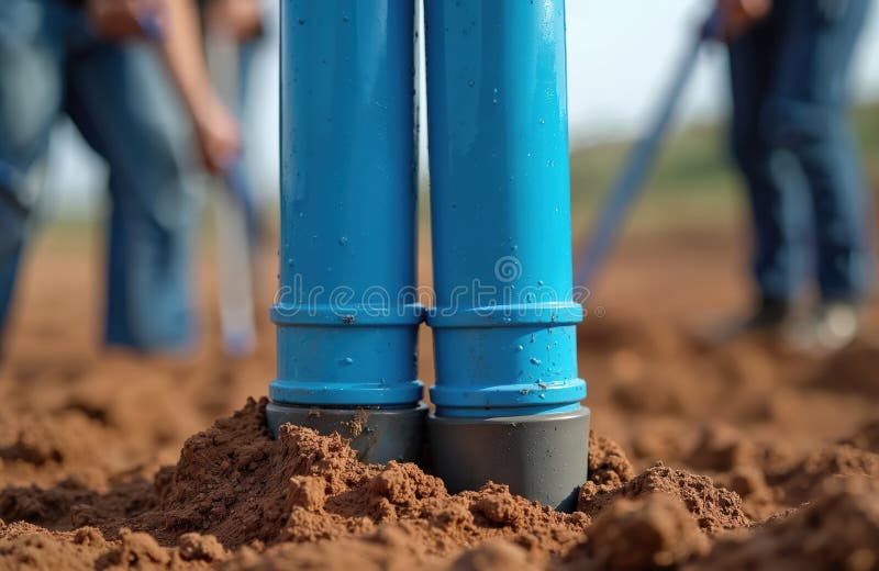 Blue Plastic Pipes Connected Inserted Vertically into Soil. Plumbing ...