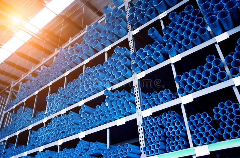 Blue Plastic Pipes in a Stack in a Large Warehouse of a Shopping Center ...