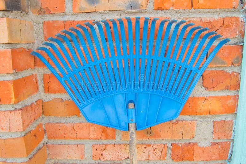 Blue Plastic Rake for Harvesting Leaves and Grass are Near the Red ...