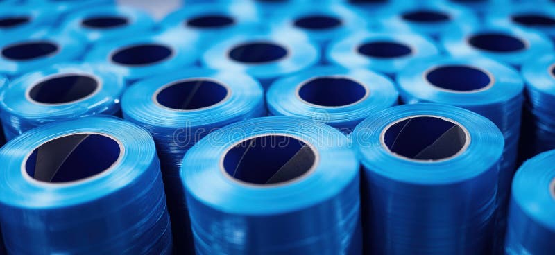 Blue Plastic Rolls Stacked in a Warehouse for Packaging and ...