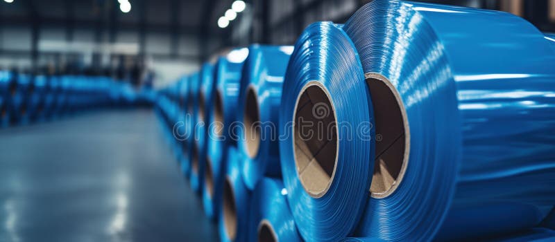 Blue Plastic Rolls Stacked in Warehouse Showcasing Industrial Storage ...
