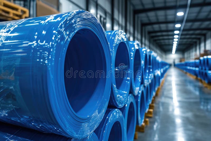 Blue Plastic Rolls Wrapped in Transparent Film Stored in Warehouse ...