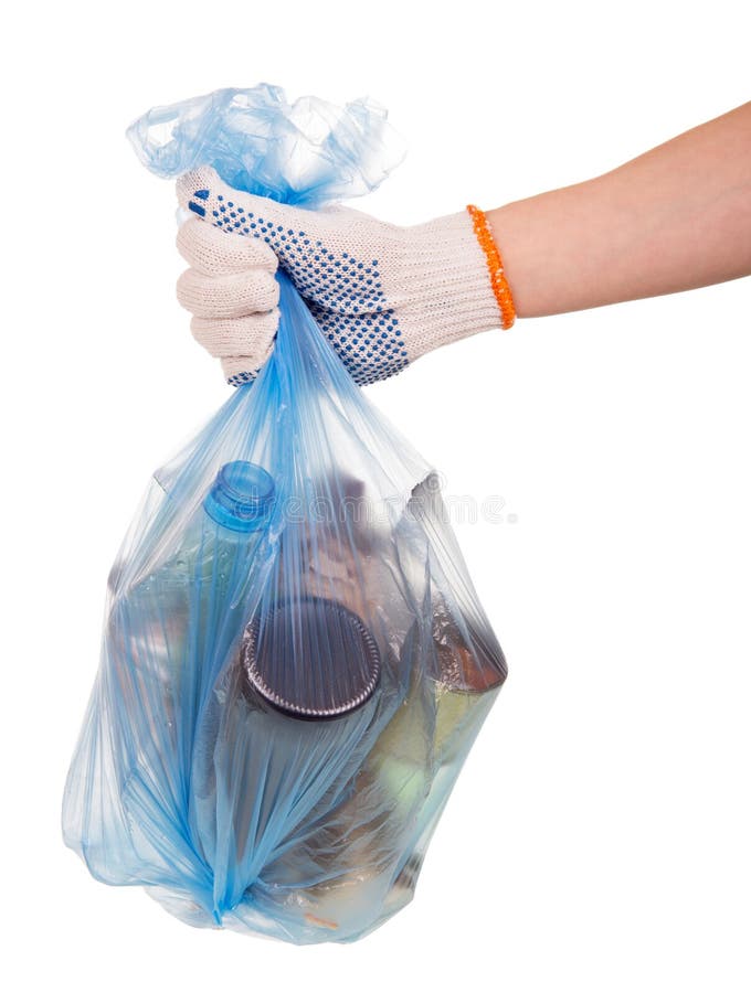 Blue Plastic Rubbish Bag in Female Hand Isolated on White. Stock Image ...