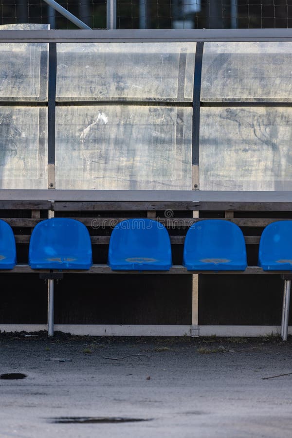 Blue Plastic Seats of a Substitute Bench.. Stock Image - Image of seat ...