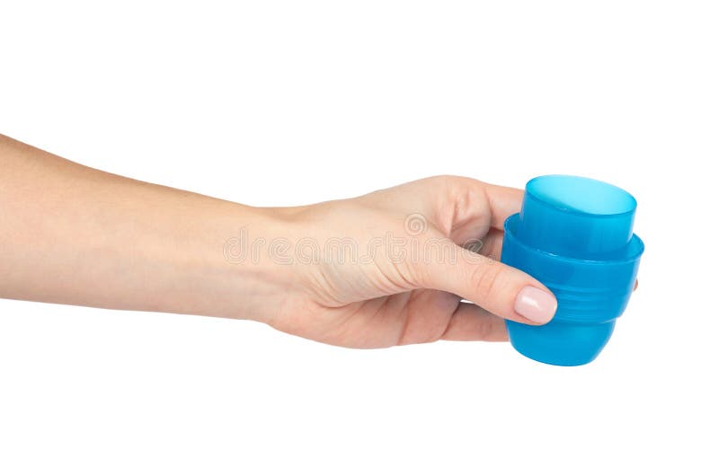 Blue Plastic Stopper and Measure Container with Hand. Isolated on White ...