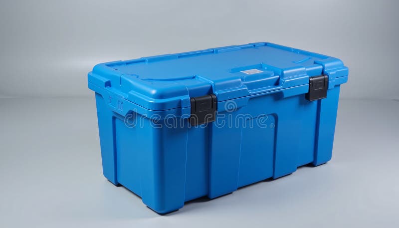 Blue Plastic Storage Container with Black Latches on Gray Background ...