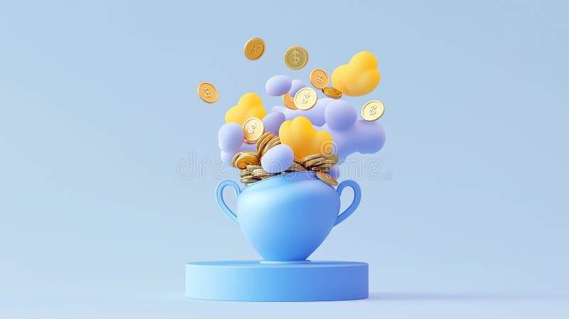 A Blue Plastic Trophy Overflowing with Money, Stock Photo - Image of ...