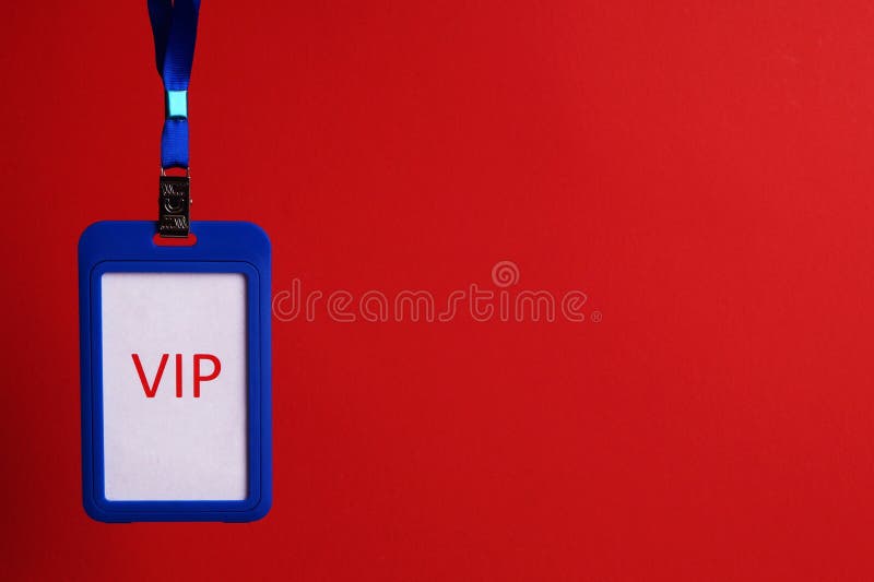 Blue Plastic Vip Badge Hanging on Red Background, Space for Text Stock ...