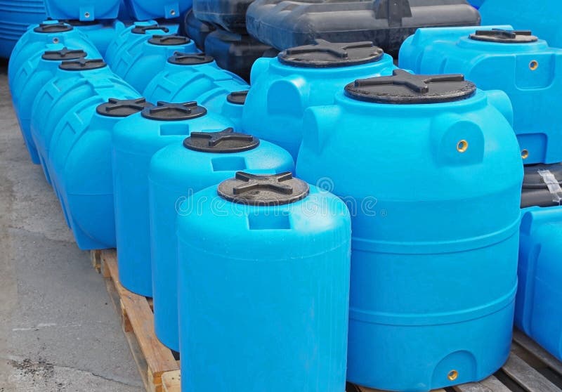 Blue Plastic Water and Liquids Barrel Storage Containers Stock Photo ...