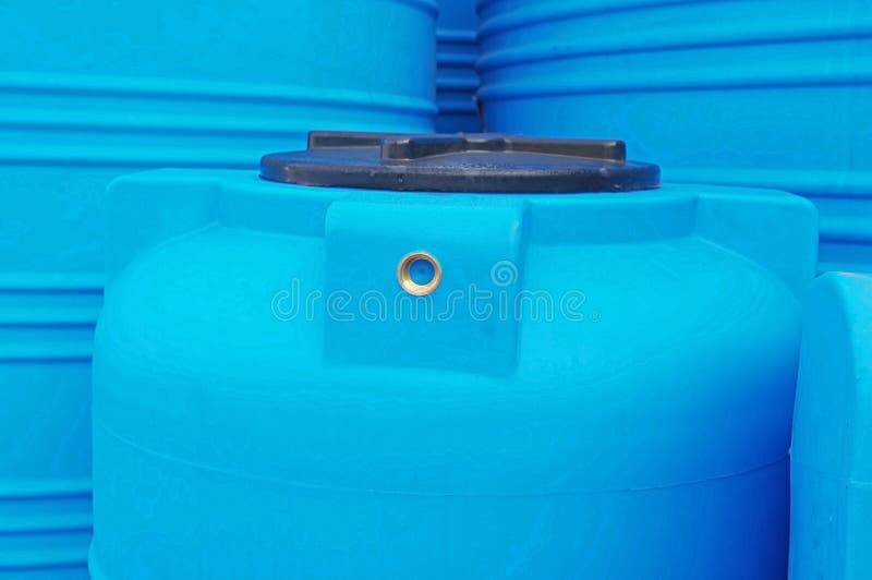 Blue Plastic Water and Liquids Barrel Storage Containers Stock Photo ...