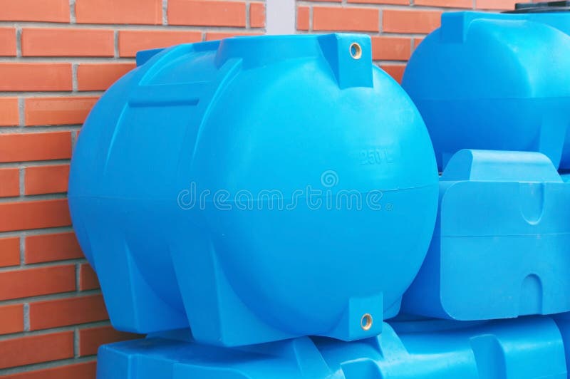 Blue Plastic Water and Liquids Barrel Storage Containers Stock Photo ...