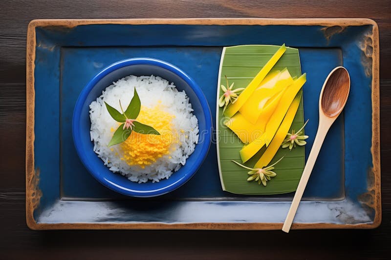 Blue Platter with Mango Sticky Rice and a Spoon Stock Photo - Image of ...