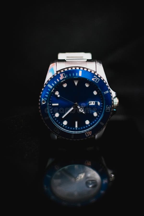 Blue Pocket Watch Isolated on Black with Reflection Stock Image - Image ...