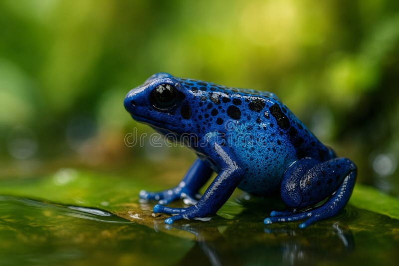 Blue Poison Dart Frog Resting on a Leaf in the Rainforest Stock ...