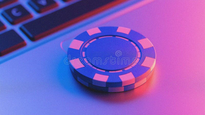 Blue Poker Chip on Silver Surface with Pink and Blue Lighting Stock ...