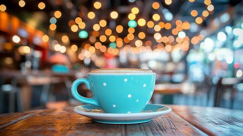 Blue Polka Dot Coffee Cup on Rustic Wooden Table, with Warm, Blurred ...