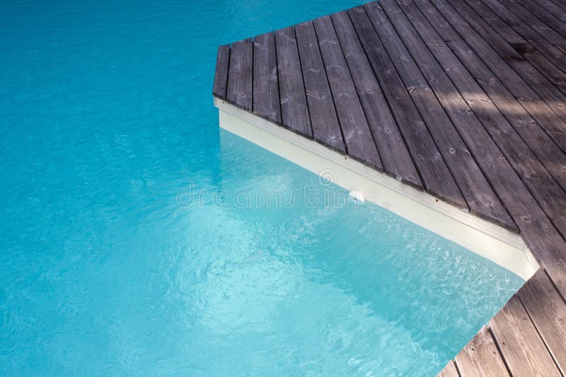 Blue Pool Beach with Wooden Terrace Stock Image - Image of flooring ...