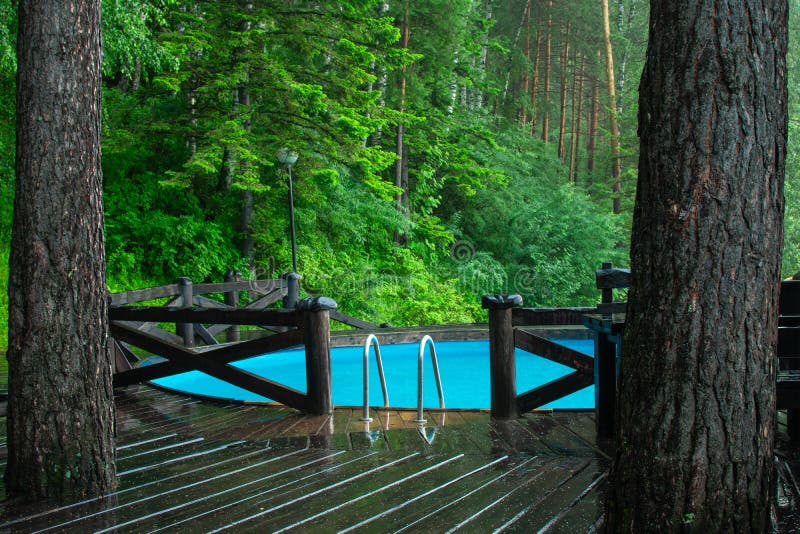 Blue pool in green forest stock photo. Image of bridge - 154423772