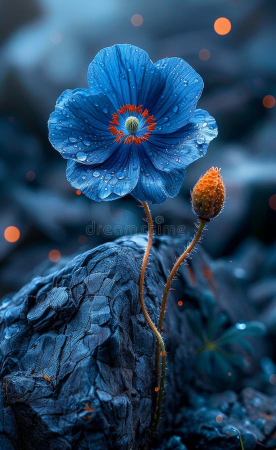 Blue Poppy Flower and Bud on Dark Stone with Water Drops Stock Image ...