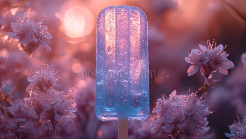 A Blue Popsicle Rests on a Bed of Delicate Pink Cherry Blossoms Stock ...
