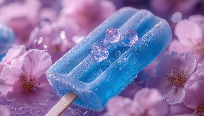 A Blue Popsicle Rests on a Bed of Delicate Pink Cherry Blossoms Stock ...