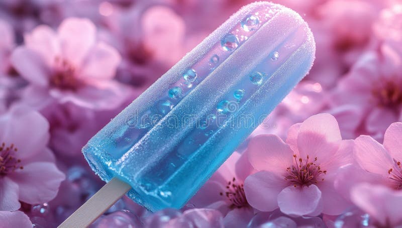 A Blue Popsicle Rests on a Bed of Delicate Pink Cherry Blossoms Stock ...