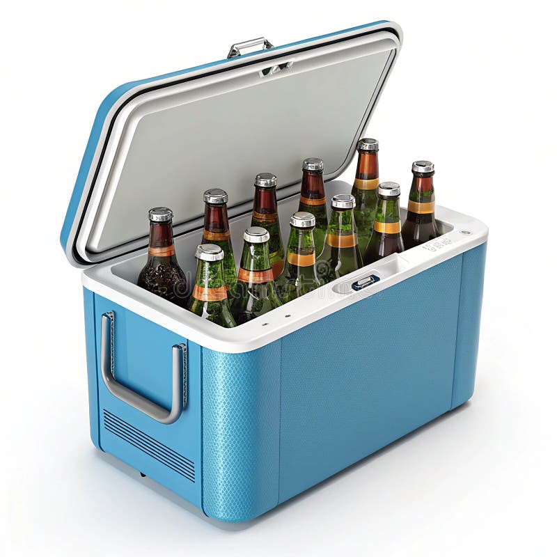 Realistic 3D Detailed Blue Handheld Refrigerator with Beer Bottles ...