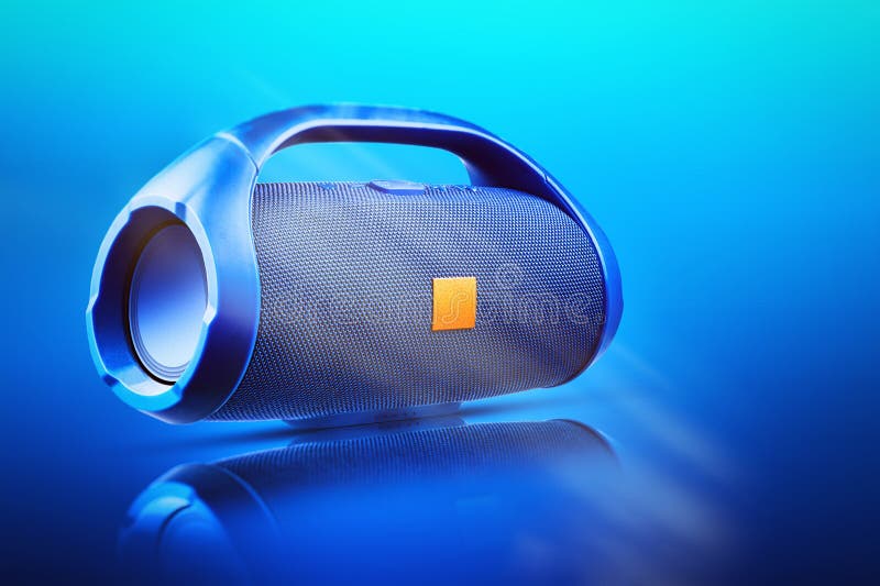 Blue Portable Wireless Bluetooth Speaker, with Reflection on a Blue ...