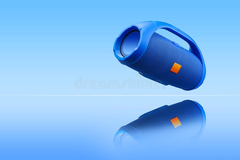 Blue Portable Wireless Bluetooth Speaker, with Reflection on a Blue ...