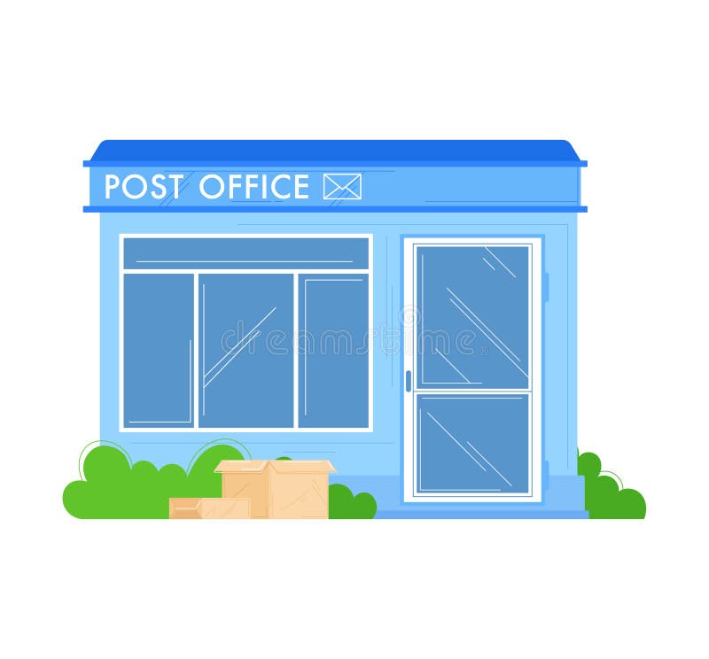 Blue Post Office Building Facade with Packages Outside. Postal Service ...