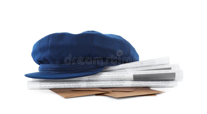 Blue Postman`s Hat, Envelopes and Newspapers on White Background Stock ...