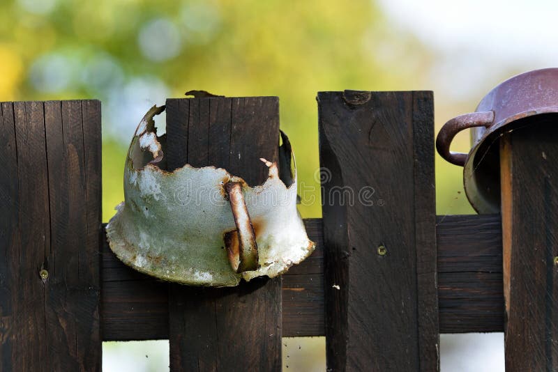 Old White Rusty Pot on Wooden Fence Stock Image - Image of country ...