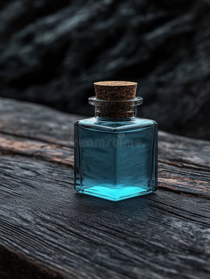 A Blue Potion Bottle with a Cork Stopper on a Wooden Surface. Stock ...