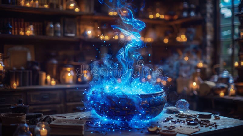 Blue Potion Brewing in a Darkened Alchemists Workshop Stock Photo ...
