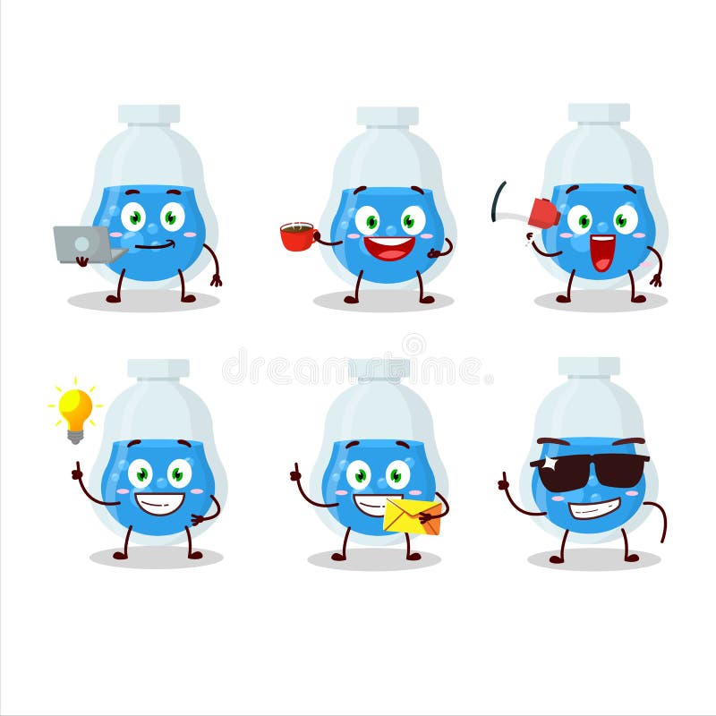 Blue Potion Cartoon Character with Various Types of Business Emoticons ...