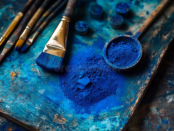 A Blue Powder and Brushes on a Blue Table Stock Photo - Image of filled ...