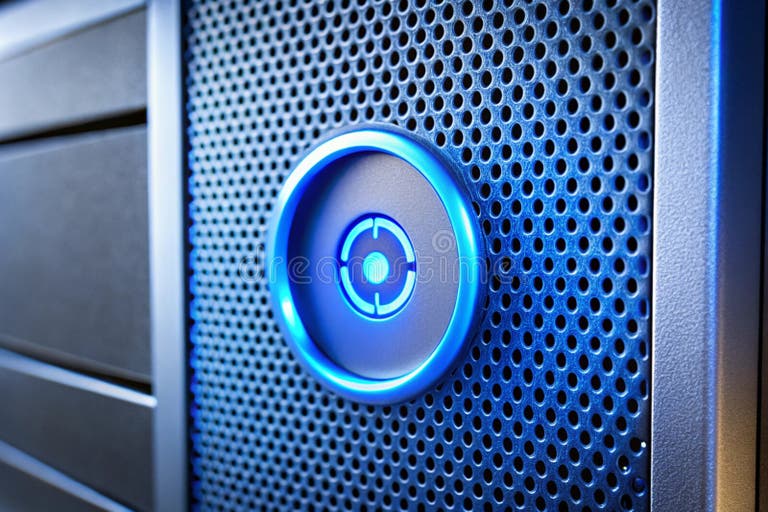 Blue Power Button on Front Panel of Home Computer Stock Illustration ...