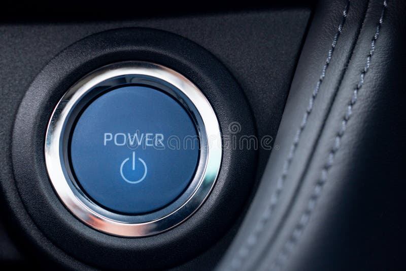 Blue Power Start Engine Button with a Silver Ring Surrounding it. Stock ...