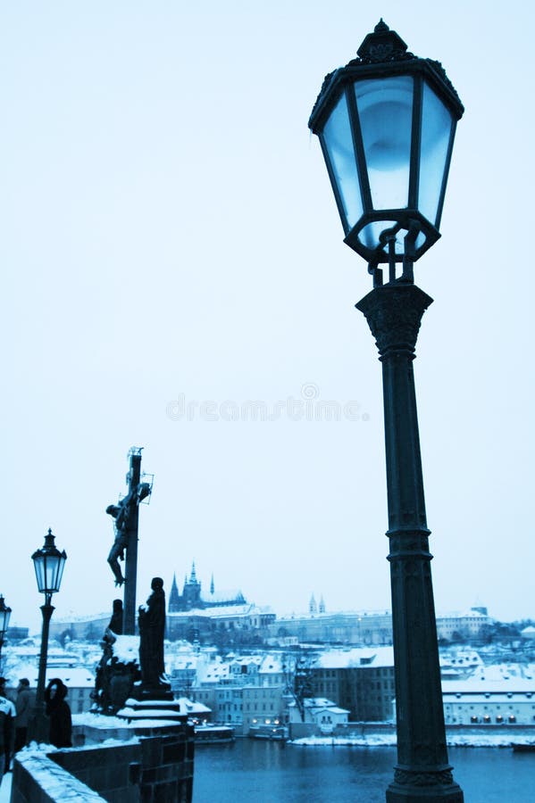 Blue Prague stock image. Image of light, bridge, winter - 493541