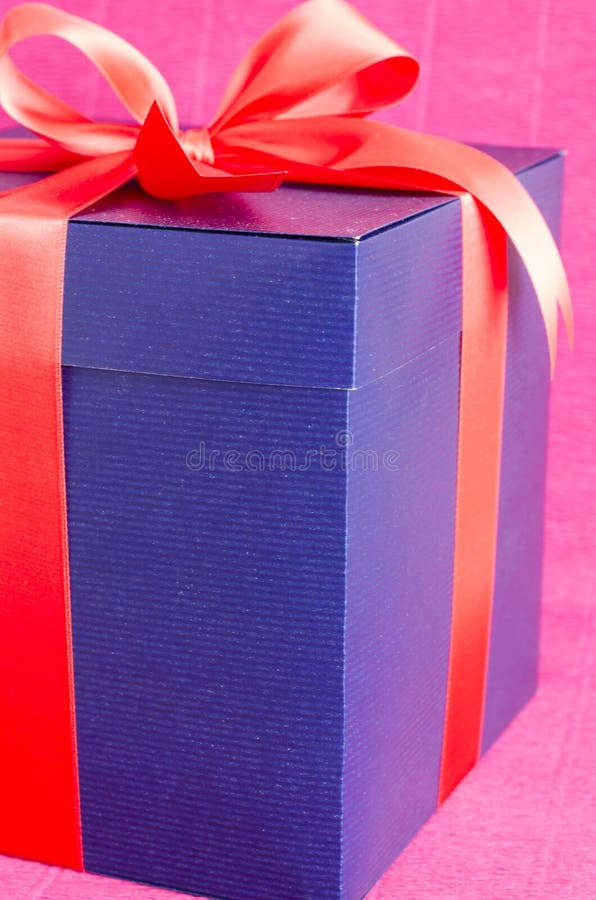 Blue Present Box with Red Ribbon Isolated Stock Photo - Image of ...