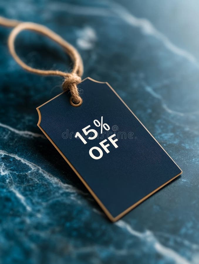 Blue Price Tag with 15 Off on Marble Surface. Stock Image - Image of ...