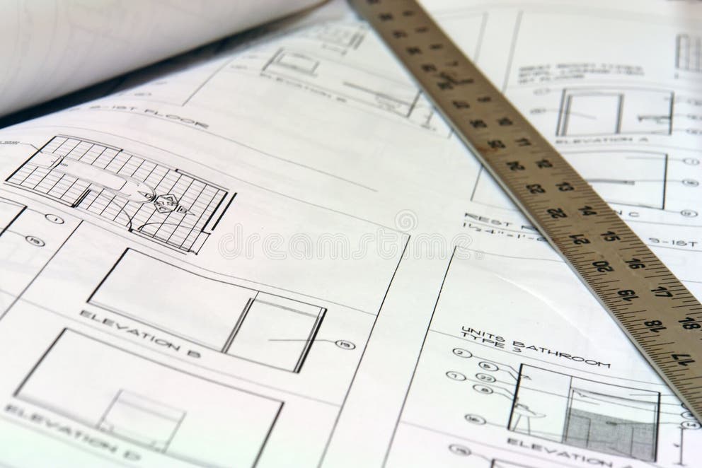 Blue Print Building Plans with Ruler Stock Photo - Image of business ...