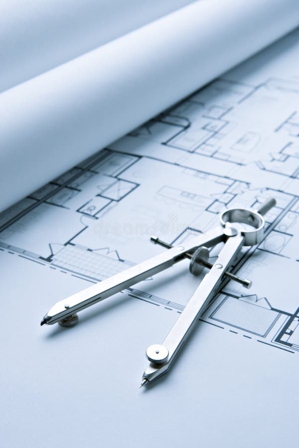 Blue Print Floor Plans with Drawing Compass Stock Photo - Image of ...